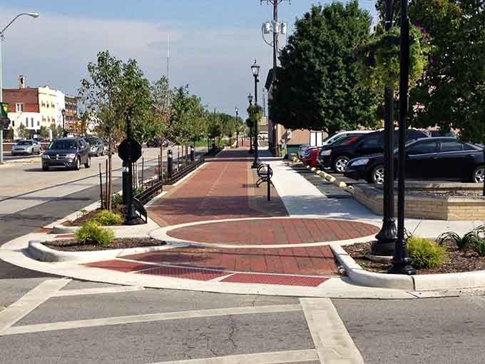 This brick-paved downtown walkway adds a touch of character to an otherwise modern streetscape.