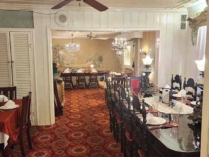 Crystal chandeliers and rich carpeting create an atmosphere where even Tuesday dinner feels like a special occasion.