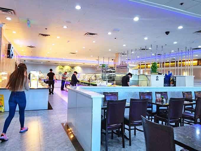 Modern lighting and sleek buffet stations stretching into the distance like an edible promised land awaiting your arrival.