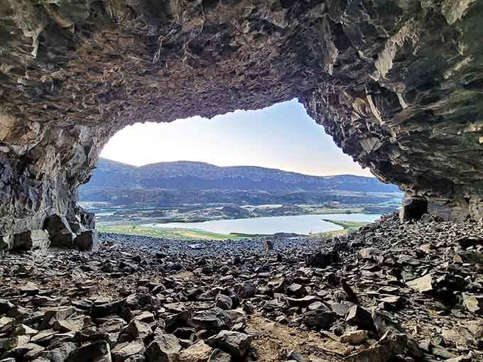 Looking out from inside feels like peering through a geological picture frame at the stunning coulee landscape below.