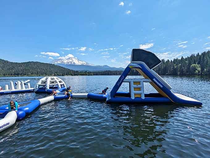 That slide launches you into mountain-fed water with Mount Shasta watching&mdash;nature's ultimate lifeguard on duty.