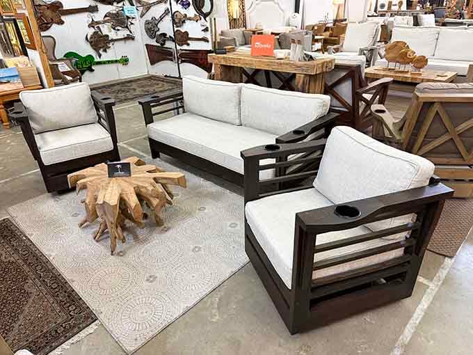 Modern comfort meets rustic charm in this perfectly styled outdoor living setup that's ready for your patio.