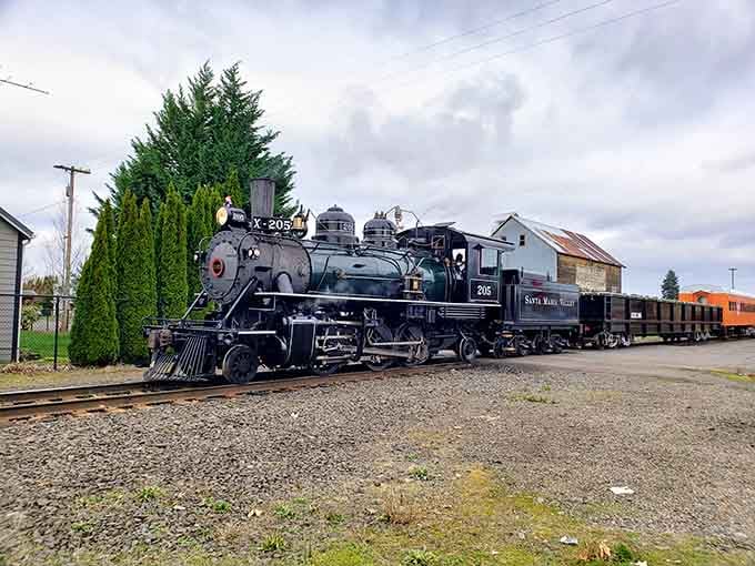 The vintage Santiam Railway locomotive stands as a proud monument to Lebanon's timber and transportation heritage.