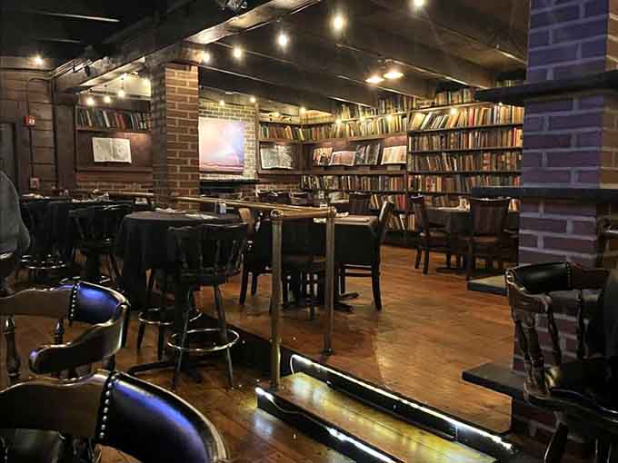 Floor-to-ceiling bookshelves meet comfortable dining in a space that says "stay awhile" louder than any greeter ever could.