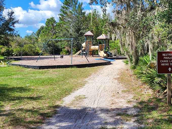 Even the playground gets shaded by Spanish moss here, because Florida knows how to keep things cool.
