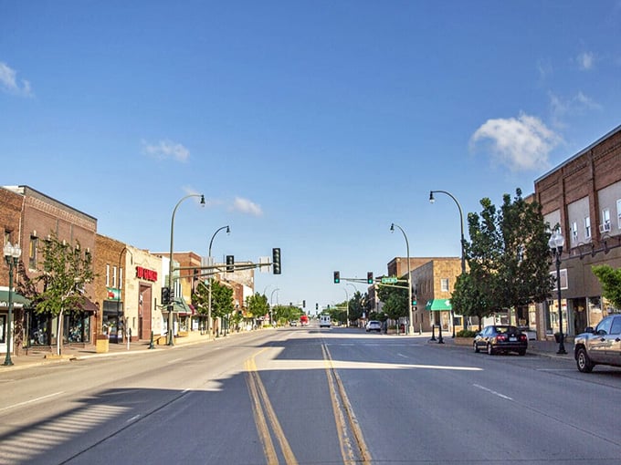 Main Street stretches invitingly ahead, free from the soul-crushing traffic jams that define coastal living.
