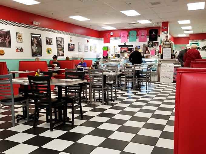 Red vinyl booths and checkered floors create the perfect stage for your next memorable meal here.