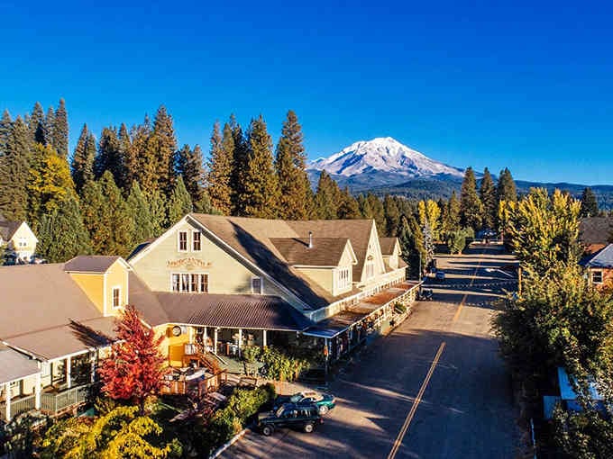 That's Mount Shasta photobombing downtown McCloud like nature's own skyscraper, making every view a postcard moment.