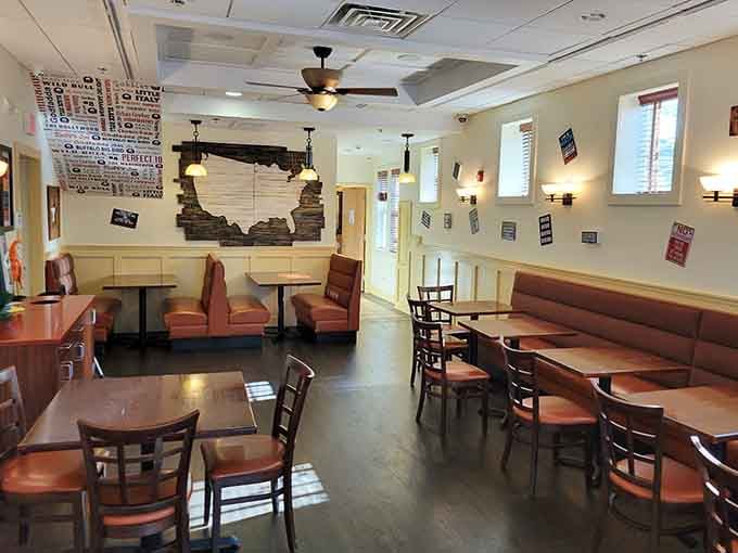 Clean lines and cozy booths create the perfect backdrop for serious sandwich contemplation and even more serious eating.