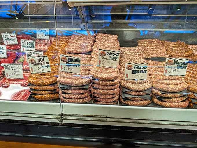 Stacked sausages in every flavor imaginable, lined up like edible soldiers ready to transform your next cookout into legend.