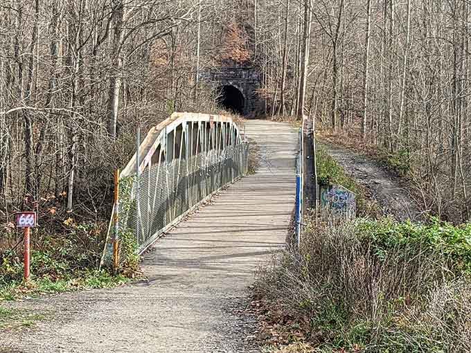 This pedestrian bridge leads brave souls toward the tunnel, because apparently some of us need a dramatic entrance to our spooky adventures.