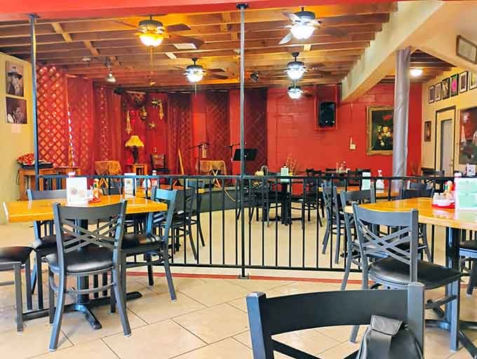 Vibrant walls and a stage for live music prove this cafe feeds both stomachs and souls.