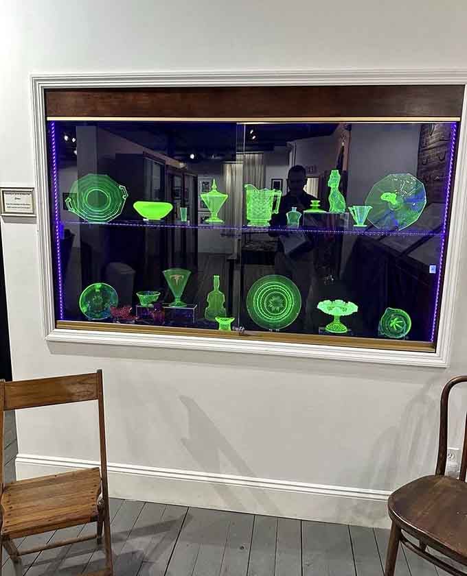 Uranium glass glows brilliantly under UV light, proving that even Depression-era dishware knew how to party.