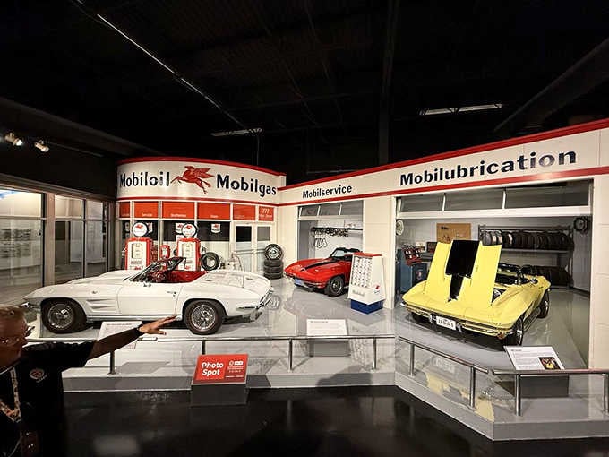 Step into a vintage Mobilgas station frozen in time, where classic Corvettes gleam under period-perfect signage and nostalgia.