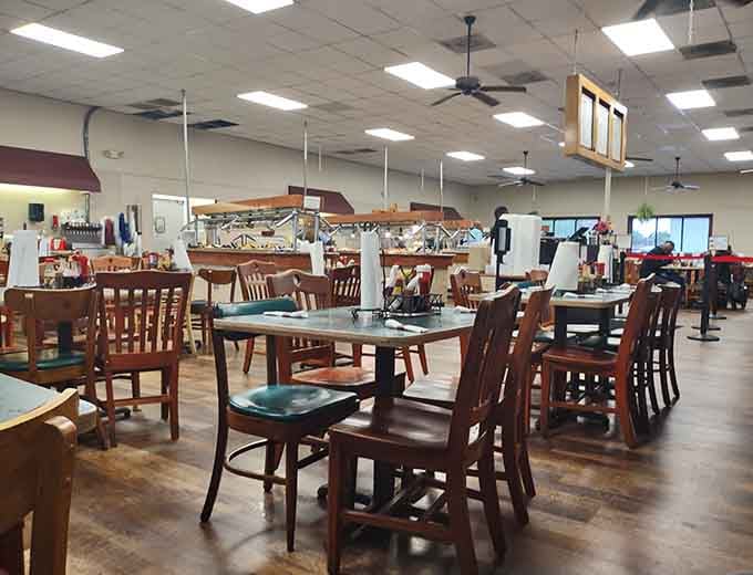 Clean, spacious, and ready for serious eating, this dining room understands that comfort matters when you're going for round three.