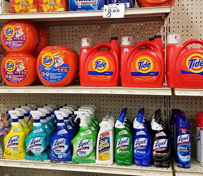 Tide and Lysol lined up like soldiers of cleanliness, ready to tackle your household battles at unbeatable prices.