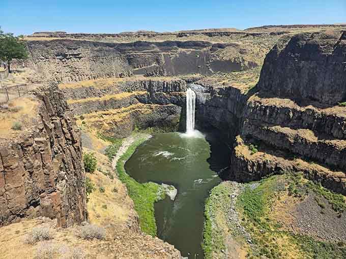 Two hundred feet of pure, thundering waterfall dropping into a basalt amphitheater. No tickets required.