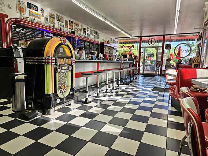 Step inside and that checkered floor practically demands you do a little sock hop before ordering your milkshake.
