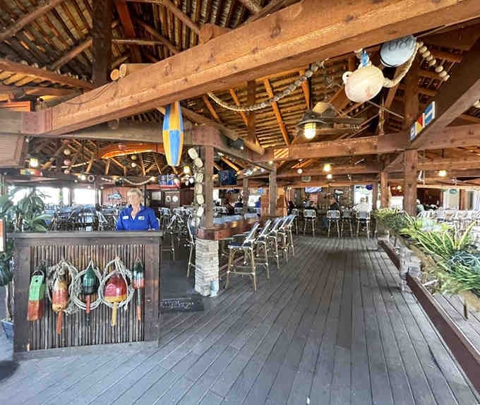 Exposed beams, surfboards overhead, and enough nautical charm to make Captain Jack Sparrow feel right at home.