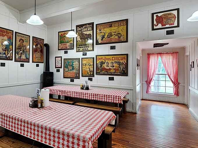 Red checkered tablecloths and vintage circus posters create an atmosphere that's equal parts nostalgic diner and quirky museum.