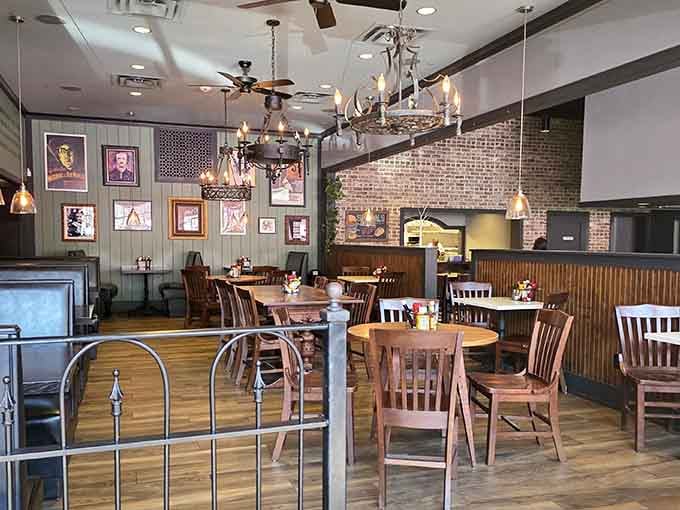 Exposed brick, vintage portraits, and wooden tables create an atmosphere that's literary without being stuffy or pretentious.