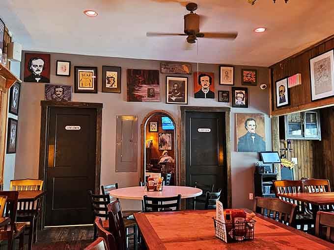 Every wall tells a story here, with Poe's face appearing more times than a recurring dream character.