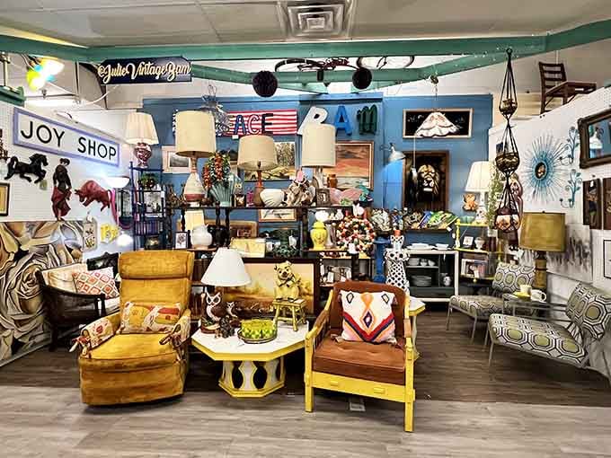 Yellow velvet chairs and mid-century magic, where every piece has lived more interesting lives than most people.