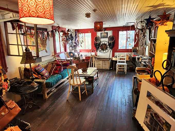 Step inside where vintage lampshades and eclectic treasures create a cozy atmosphere that modern stores can't replicate.