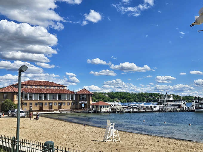 That Mediterranean-style building isn't a mirage; it's your new favorite Wisconsin beach destination come to life.
