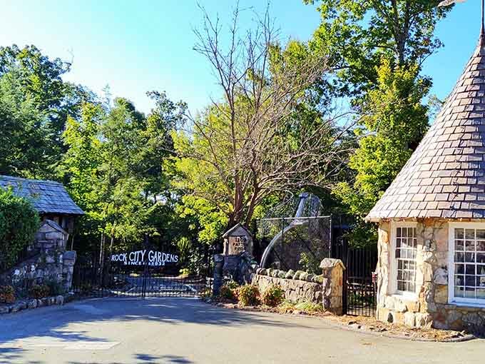 That castle entrance isn't trying to fool anyone; it's just Rock City Gardens announcing you're somewhere special now.