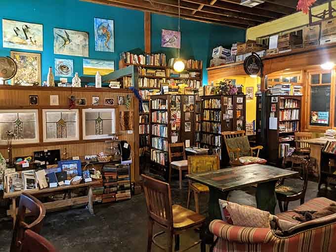 Floor-to-ceiling shelves meet cozy seating in this literary lover's dream come true with a liquor license.