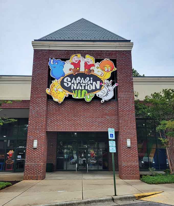 The cheerful safari characters on that brick facade promise the kind of fun that makes kids forget about their tablets.