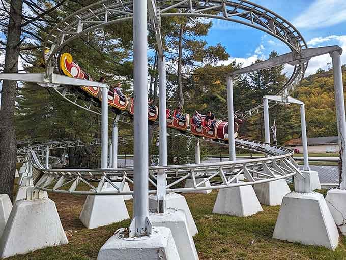 The Rudi Coaster at Santa's Land twists through the trees like Rudolph navigating a particularly exciting Christmas Eve.