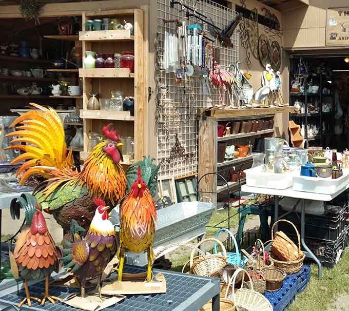 Those metal roosters aren't just lawn ornaments; they're conversation starters waiting to happen in your garden.