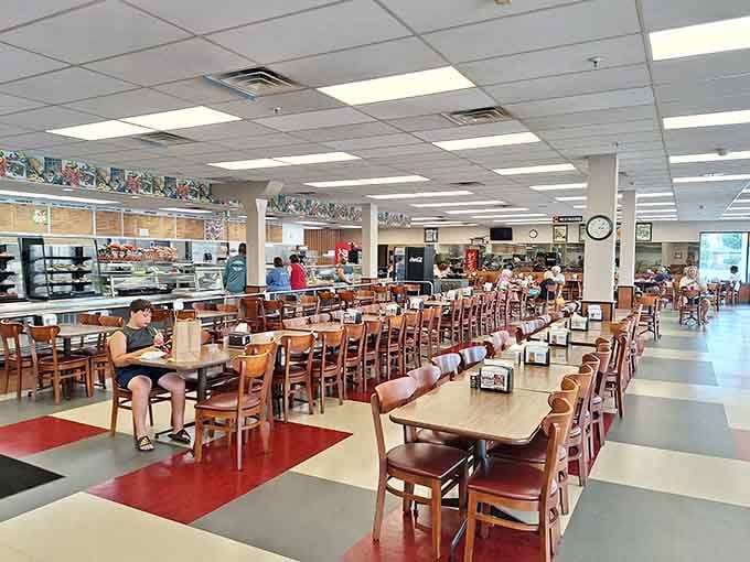 Cafeteria-style seating never looked so inviting, like a temple dedicated to the holy art of eating well.