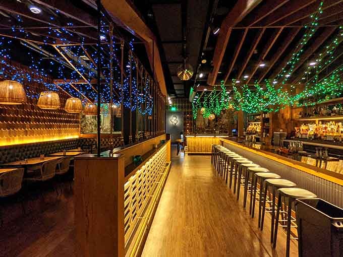 Trees lit like Christmas inside a Boston restaurant &ndash; because why should December have all the fun?