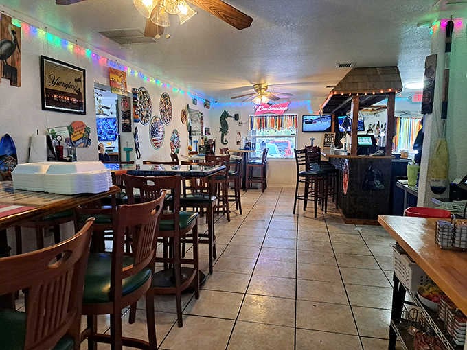 String lights and nautical decor create the perfect atmosphere for serious pancake consumption and casual seafood appreciation.