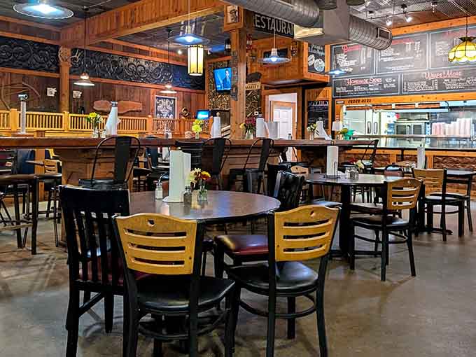 Wood accents and spacious seating create the perfect backdrop for your upcoming meat feast and inevitable food coma.
