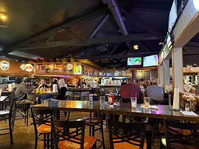 Inside, exposed beams and warm lighting create the perfect barbecue sanctuary for serious meat lovers.