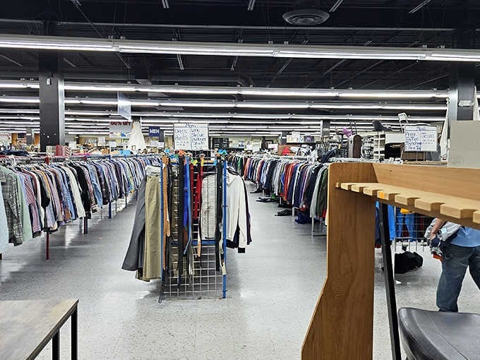 Rows of clothing stretch into the distance like a fashionista's fever dream, organized and ready for exploration.