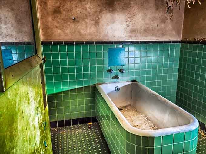 That vintage green tile work hits different when you realize someone once thought this bathroom was state-of-the-art luxury.