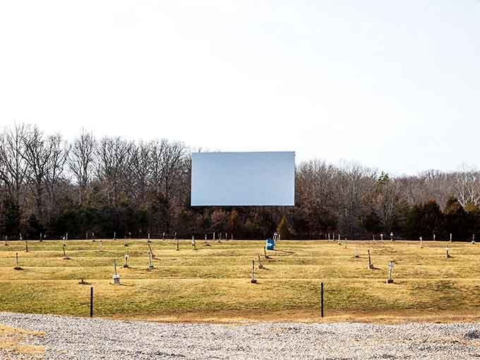 That blank canvas awaits the magic of cinema, standing proud against Missouri's beautiful wooded backdrop.