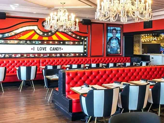 Red booths, crystal chandeliers, and an "I Love Candy" marquee create the most delightfully confused elegance you'll ever experience.