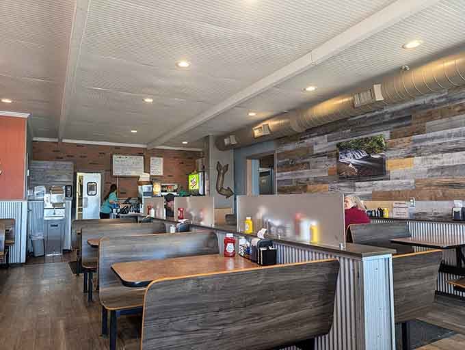Rustic wood meets modern comfort in this cozy dining room where pasty dreams come true.