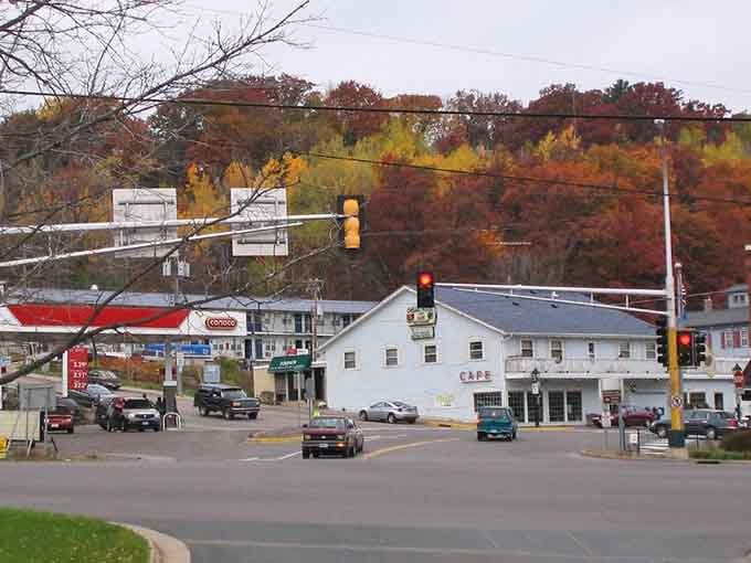 Downtown Taylors Falls wraps itself in autumn glory, proving that the best destinations don't need billboards to announce their presence.