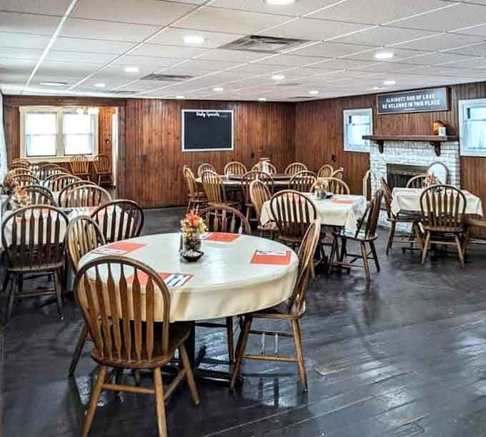 Wood paneling and Windsor chairs create the kind of cozy atmosphere where calories magically don't count.