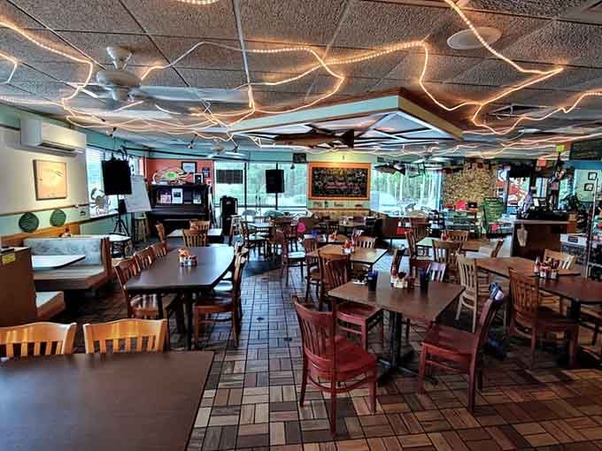 String lights zigzag across the ceiling like edible constellations guiding you to seafood heaven below.