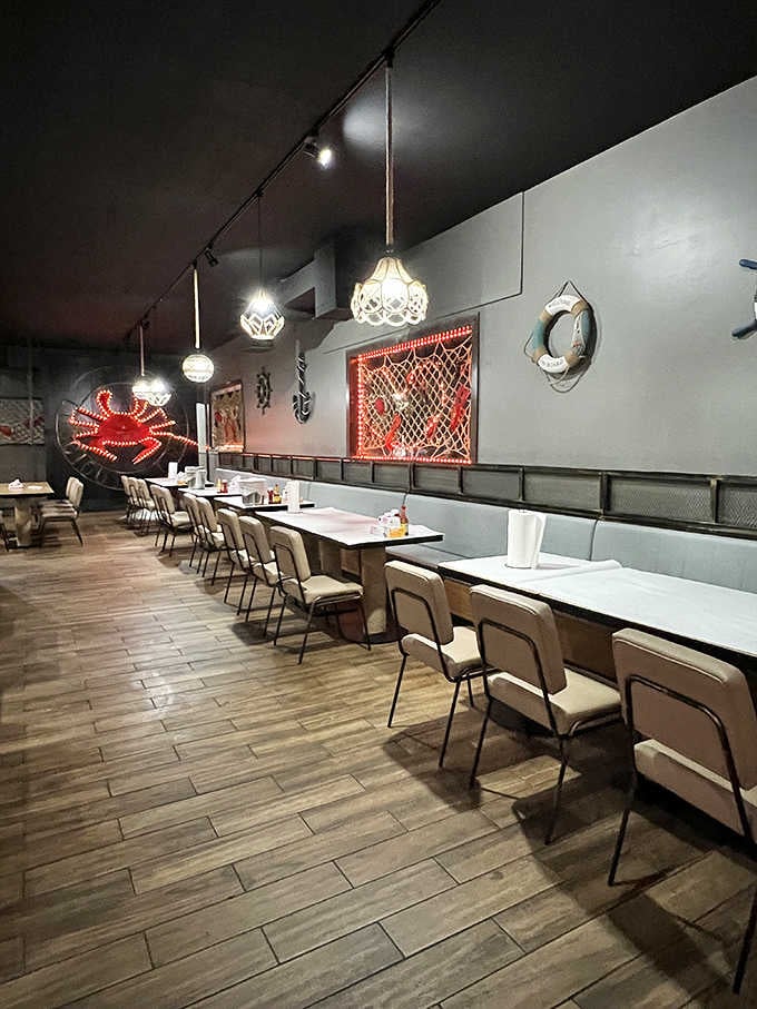 Modern nautical vibes meet Midwest comfort in a dining room designed for serious seafood business and messy fun.