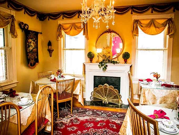 Golden walls and crystal chandeliers create an atmosphere where every meal feels like a celebration.