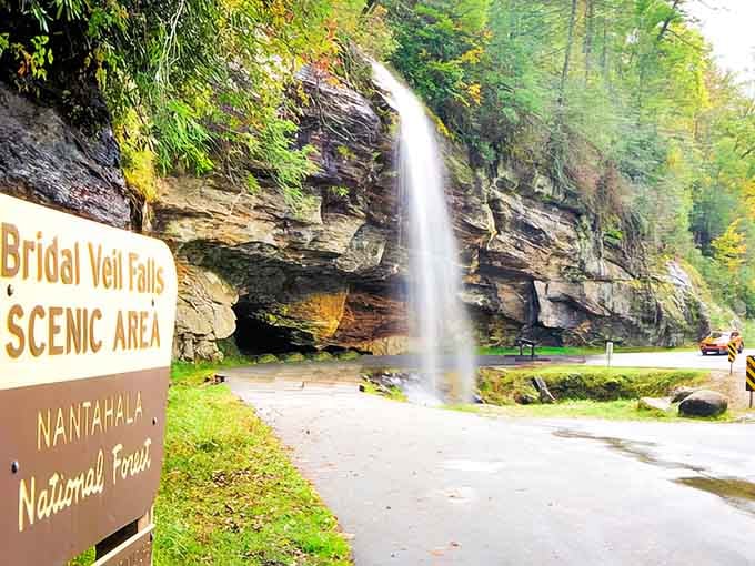 Bridal Veil Falls: proving North Carolina has been doing drive-through experiences since way before it was cool.